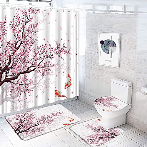 4 Pcs Cherry Blossom Shower Curtain Sets,Pink Floral Plum Blossom Blooming Spring Asian Japanese 70"x 70" Bathroom Curtain with 12 Hooks,29.5"x 17.8" Bath Mat,Toilet Seat Cover, U-Shaped Toilet