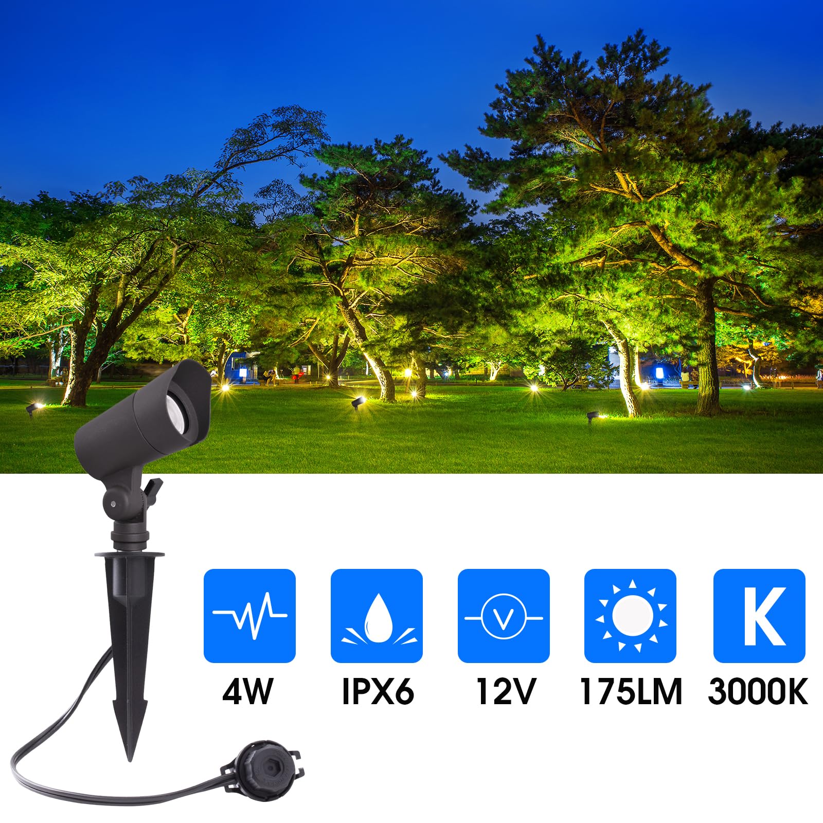 E ENERGETIC LIGHTING LED Landscape Lights with Connectors, 12V Low Voltage, Warm White 3000k, 4W, 175LM, Outdoor Waterproof Garden Pathway Lights Wall Tree Flag Spotlights with Spike Stand, 2 Pack