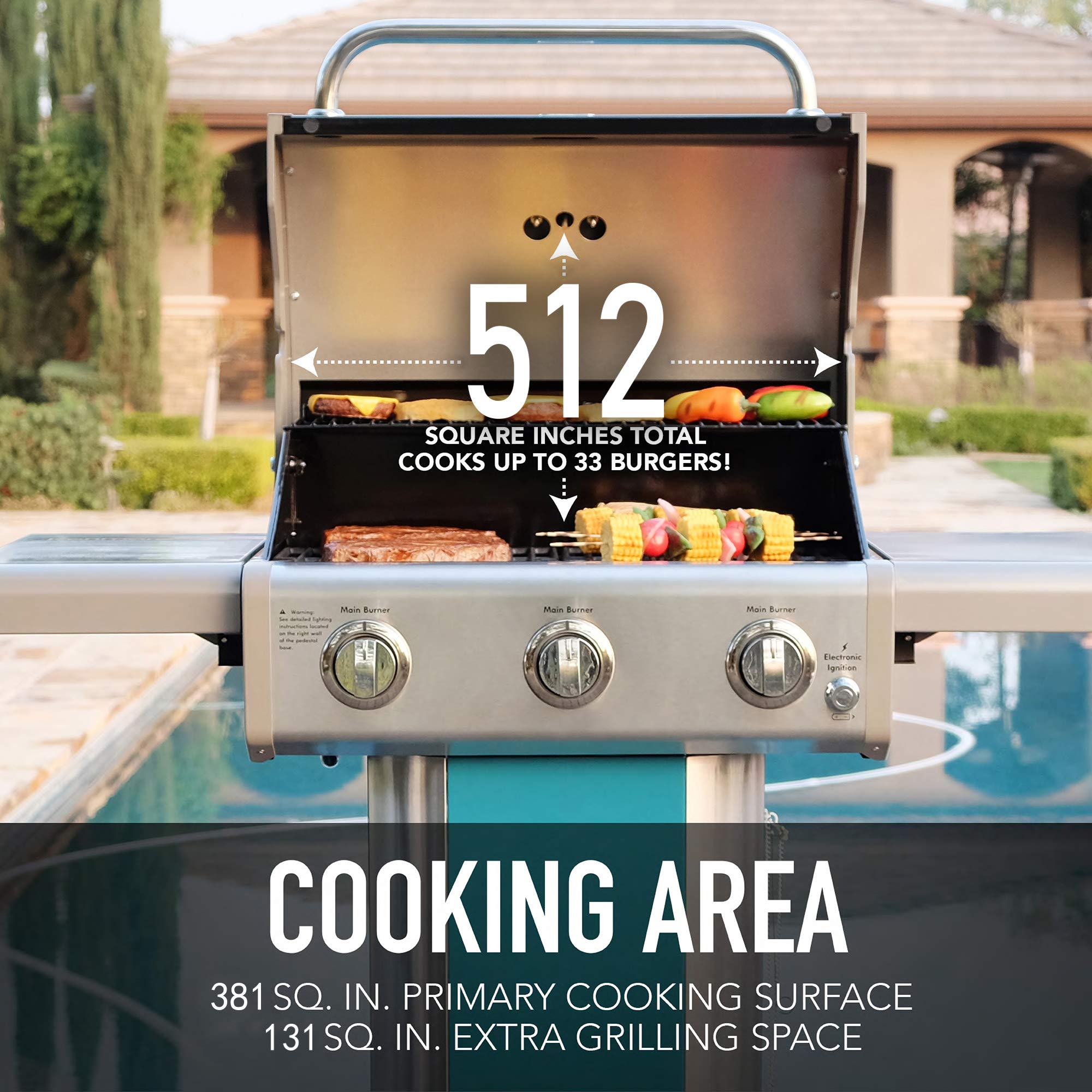 Kenmore 3-Burner Propane BBQ Grill, 30,000 BTUs Gas Grill with Cast Iron Cooking Grates, Folding Side Tables & Wheels, Outdoor Grill with Tool Hooks, Teal