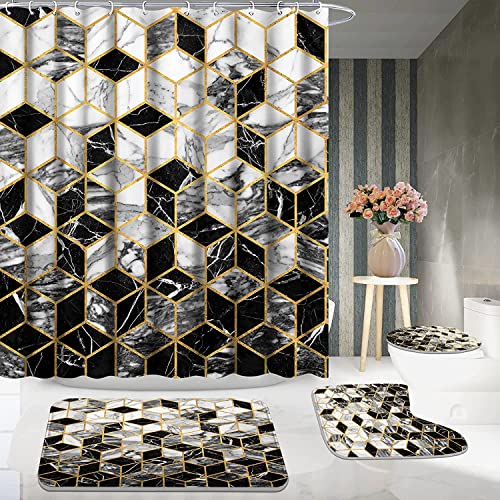 4 Pcs Bathroom Shower Curtain Set, Honeycomb Marble Bathroom Sets with Rugs(Bath Mat,U Shape and Toilet Lid Cover Mat) and 12 Durable Hooks