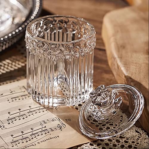 rejomiik 2 Pack Qtip Holder Glass Apothecary Jars with Lids Bathroom Accessories Vanity Organizers and Makeup Storage Canister for Cotton Ball, Cotton Swab, Floss, Candy, Clear