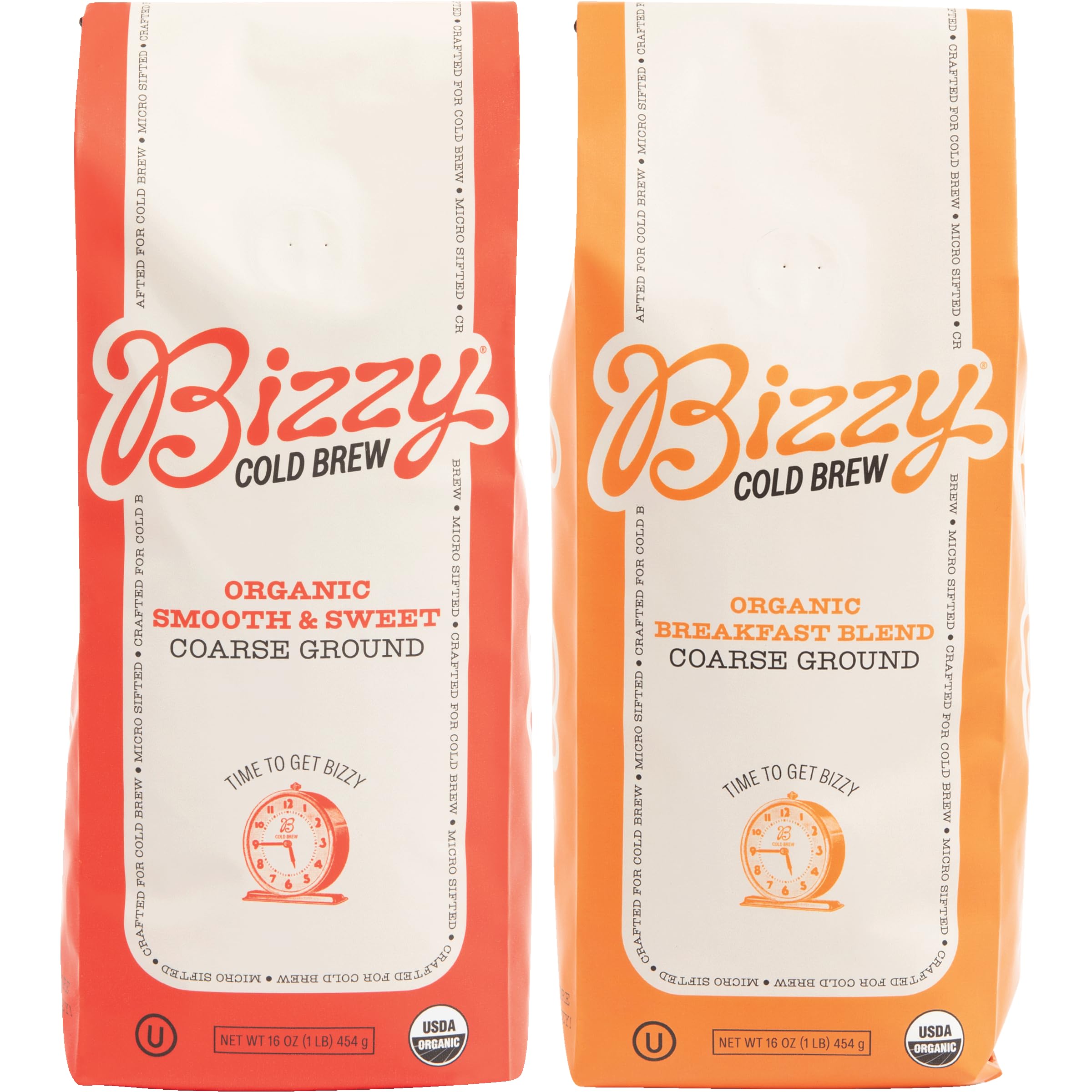 Bizzy Organic Cold Brew Coffee | Bundle | Coarse Ground Coffee | Smooth & Sweet 1 LB + Breakfast Blend 1 LB | 2 Pack
