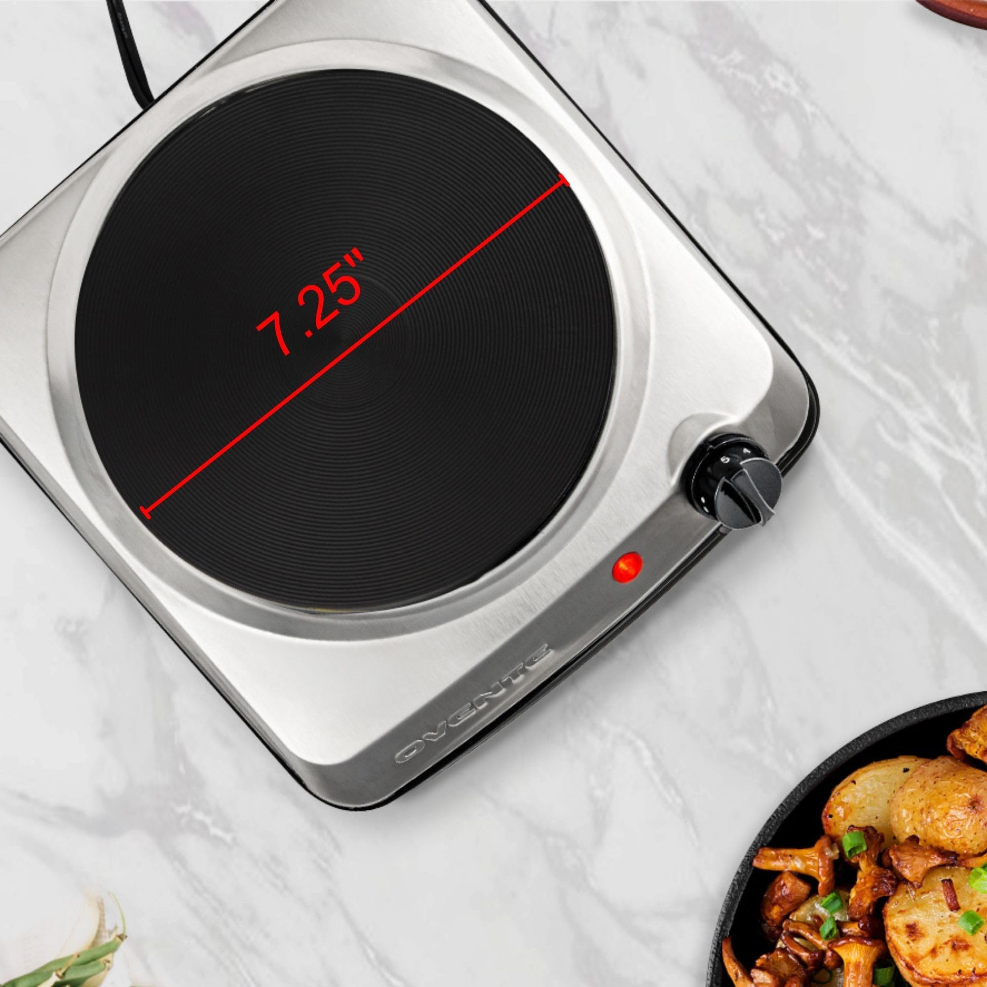 OVENTE Electric Countertop Single Burner, 1000W Cooktop with 7.25 Inch Cast Iron Hot Plate, 5 Level Temperature Control, Compact Cooking Stove and Easy to Clean Stainless Steel Base, Silver BGS101S