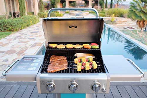 Kenmore 3-Burner Propane BBQ Grill, 30,000 BTUs Gas Grill with Cast Iron Cooking Grates, Folding Side Tables & Wheels, Outdoor Grill with Tool Hooks, Teal