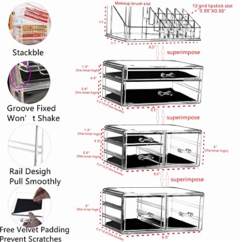 Cq acrylic Makeup Organizer Skin Care Large Clear Cosmetic Display Cases Stackable Storage Box With 7 Drawers For Vanity,Set of 4