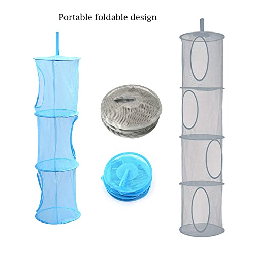 JIELUO 2pcs Hanging Mesh Storage Organizer Bag Foldable Space Saving Organizer with 2pcs S Hooks for Room Bathroom Wall Balcony Wardrobe(Grey,Blue)