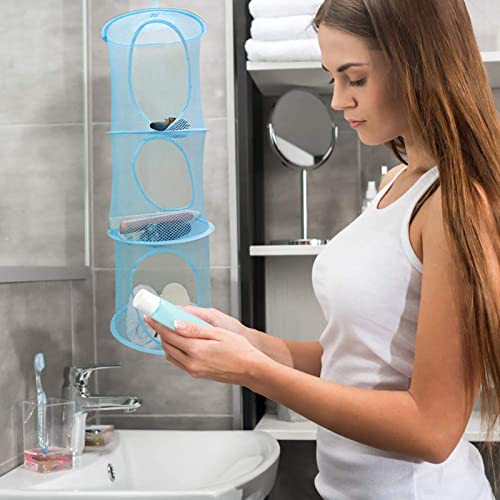 JIELUO 2pcs Hanging Mesh Storage Organizer Bag Foldable Space Saving Organizer with 2pcs S Hooks for Room Bathroom Wall Balcony Wardrobe(Grey,Blue)