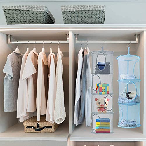 JIELUO 2pcs Hanging Mesh Storage Organizer Bag Foldable Space Saving Organizer with 2pcs S Hooks for Room Bathroom Wall Balcony Wardrobe(Grey,Blue)