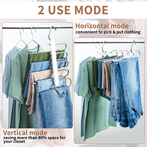 12 Pieces Pants Metal Hangers Organizer Space Saving 5 Layers Stainless Steel Pants Rack Non Slip Clothes Hanger Closet Organizer with Hooks for Trousers Scarf Jeans Skirts