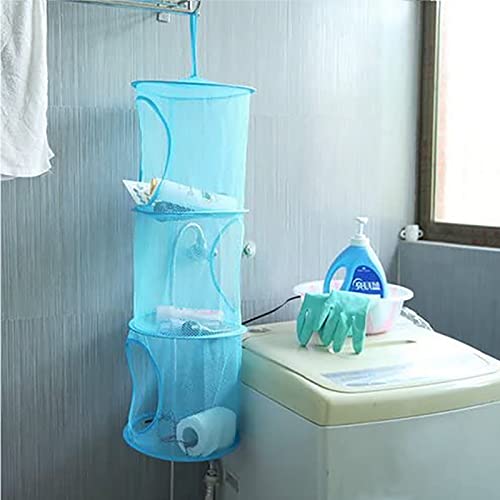 JIELUO 2pcs Hanging Mesh Storage Organizer Bag Foldable Space Saving Organizer with 2pcs S Hooks for Room Bathroom Wall Balcony Wardrobe(Grey,Blue)