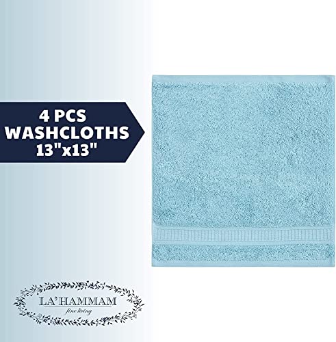4 Piece 13β Γ 13β Soft Turkish Cotton Washcloths for Bathroom, Kitchen, Hotel, Spa, Gym & College Dorm | Absorbent and Super Soft Washcloth Set for Body & Face, Baby and Adults - Aqua