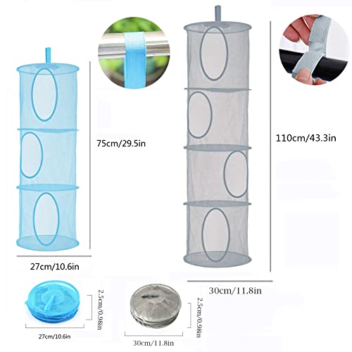 JIELUO 2pcs Hanging Mesh Storage Organizer Bag Foldable Space Saving Organizer with 2pcs S Hooks for Room Bathroom Wall Balcony Wardrobe(Grey,Blue)