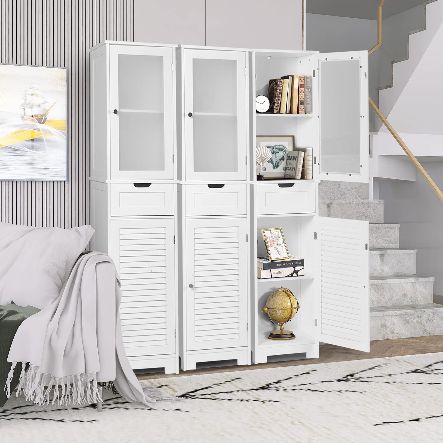 Kazila Bathroom Storage Floor Cabinet, Freestanding Wooden Storage Organizer with Glass Shutter Doors, 16 inchl x 12 inchw x 67 inchh, Ivory White