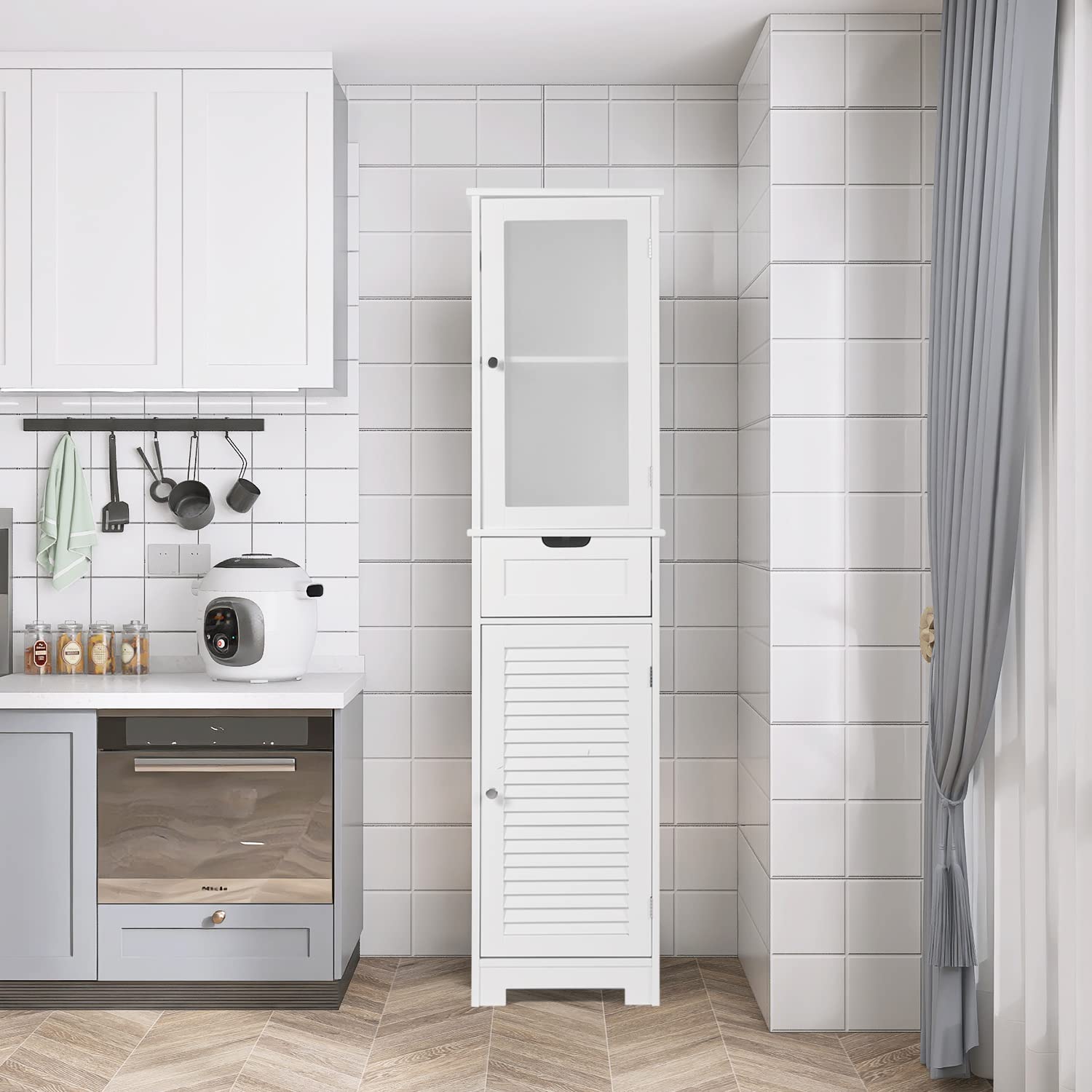 Kazila Bathroom Storage Floor Cabinet, Freestanding Wooden Storage Organizer with Glass Shutter Doors, 16 inchl x 12 inchw x 67 inchh, Ivory White