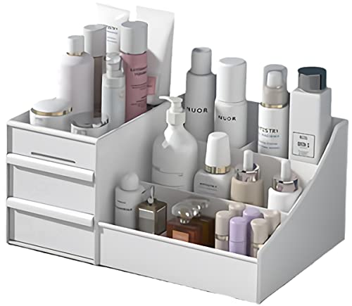 XIOU Makeup Desk Organizer with Drawers - Countertop Organizer for Cosmetics, Vanity Holder for Lipstick, Brushes, Lotions, Eyeshadow, Nail Polish and Jewelry (White)