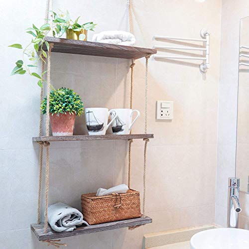 TIMEYARD Hanging Shelf Corner Wall Shelf, 3 Tier Distressed Wood Shelves with Jute Rope, Farmhouse Storage Organizer Rack Rustic Home Decor for Living Room Bedroom Bathroom Kitchen