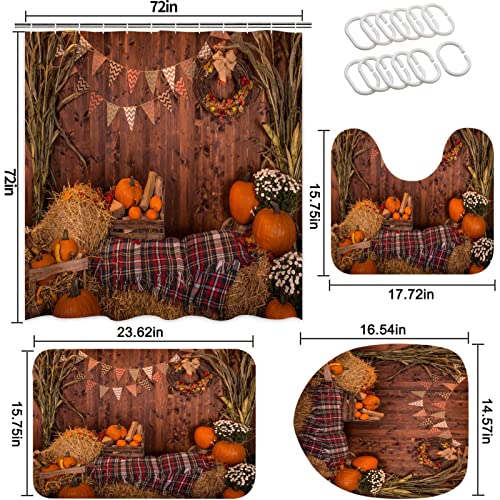 4PC Fall Thanksgiving Bathroom Set, Orange Pumpkin Shower Curtain Set with Shower Curtain and Rugs and Accessories,Bathroom Decor Shower Curtains with Soft Non-Slip Bath Mat and Toilet Lid Cover Mat