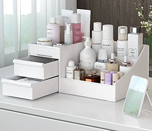 XIOU Makeup Desk Organizer with Drawers - Countertop Organizer for Cosmetics, Vanity Holder for Lipstick, Brushes, Lotions, Eyeshadow, Nail Polish and Jewelry (White)