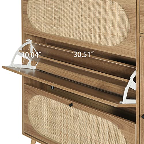 Henf Rattan Shoe Cabinet, Modern Shoe Cabinet Rack with 3 Flip Drawers and Storage Cabinet, Freestanding Shoe Rack Storage Organizer Narrow Shoe Cabinet for Entrance Hallway(Walnut)