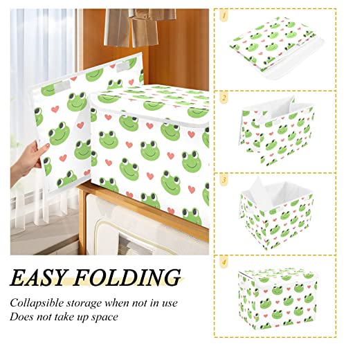 Krafig Cartoon Animal Frog Foldable Storage Box Large Cube Organizer Bins Containers Baskets with Lids Handles for Closet Organization, Shelves, Clothes, Toys