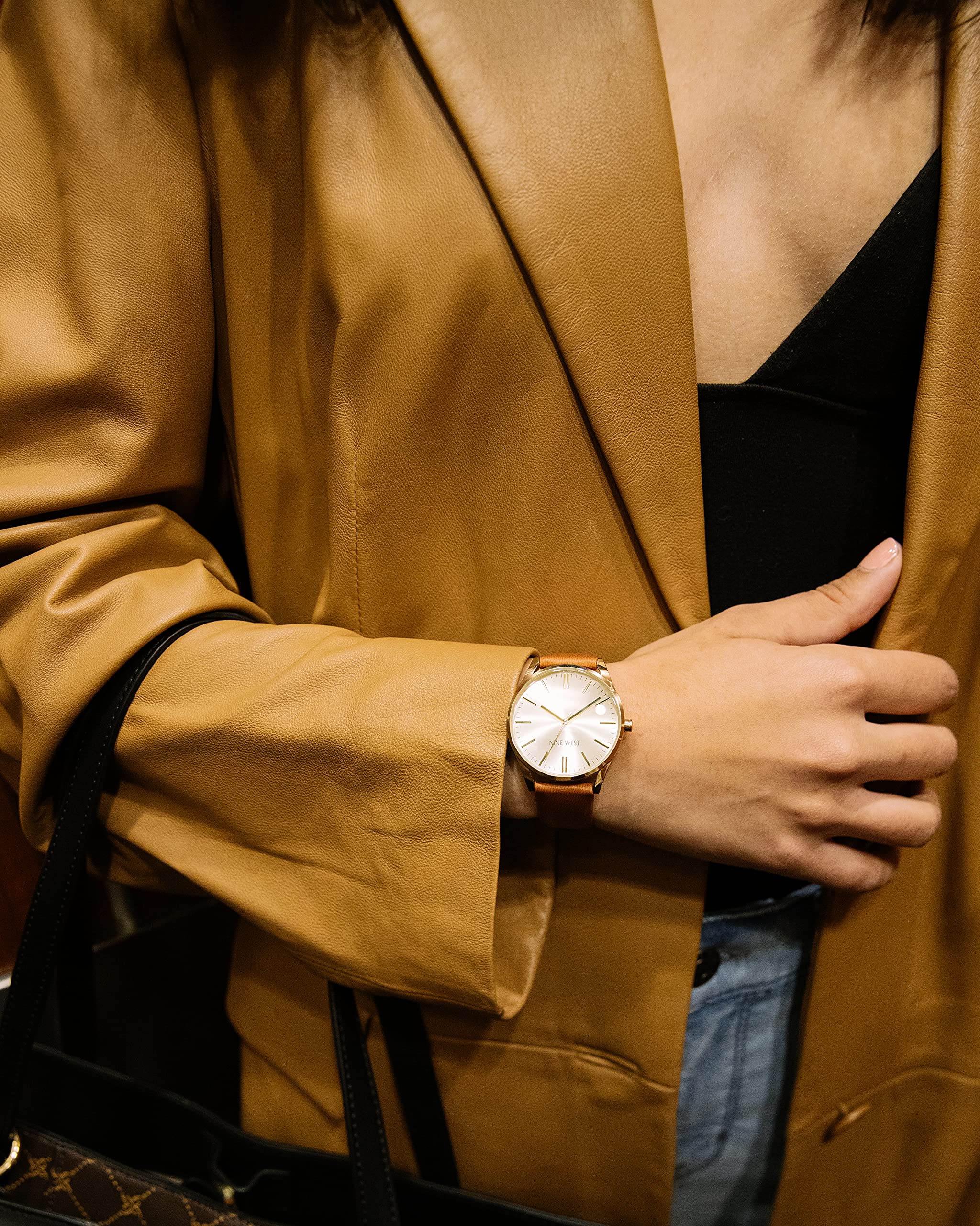 Nine West Women's Japanese Quartz Dress Watch with Faux Leather Strap, Brown, 18 (Model: NW/1994CHHY)