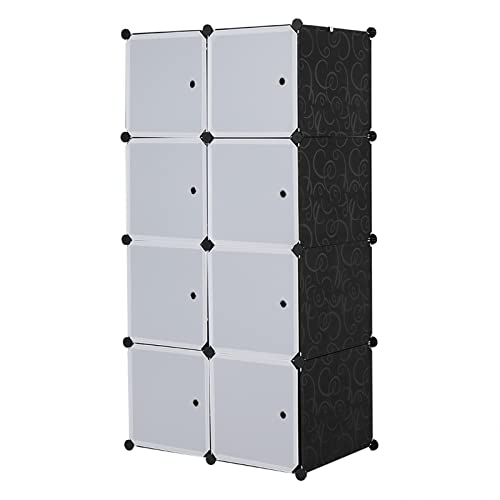 Trlec 8 Cube Organizer Stackable Plastic Cube Storage Shelves Design Multifunctional Modular Closet Cabinet with Hanging Rod White Doors and Black Panels