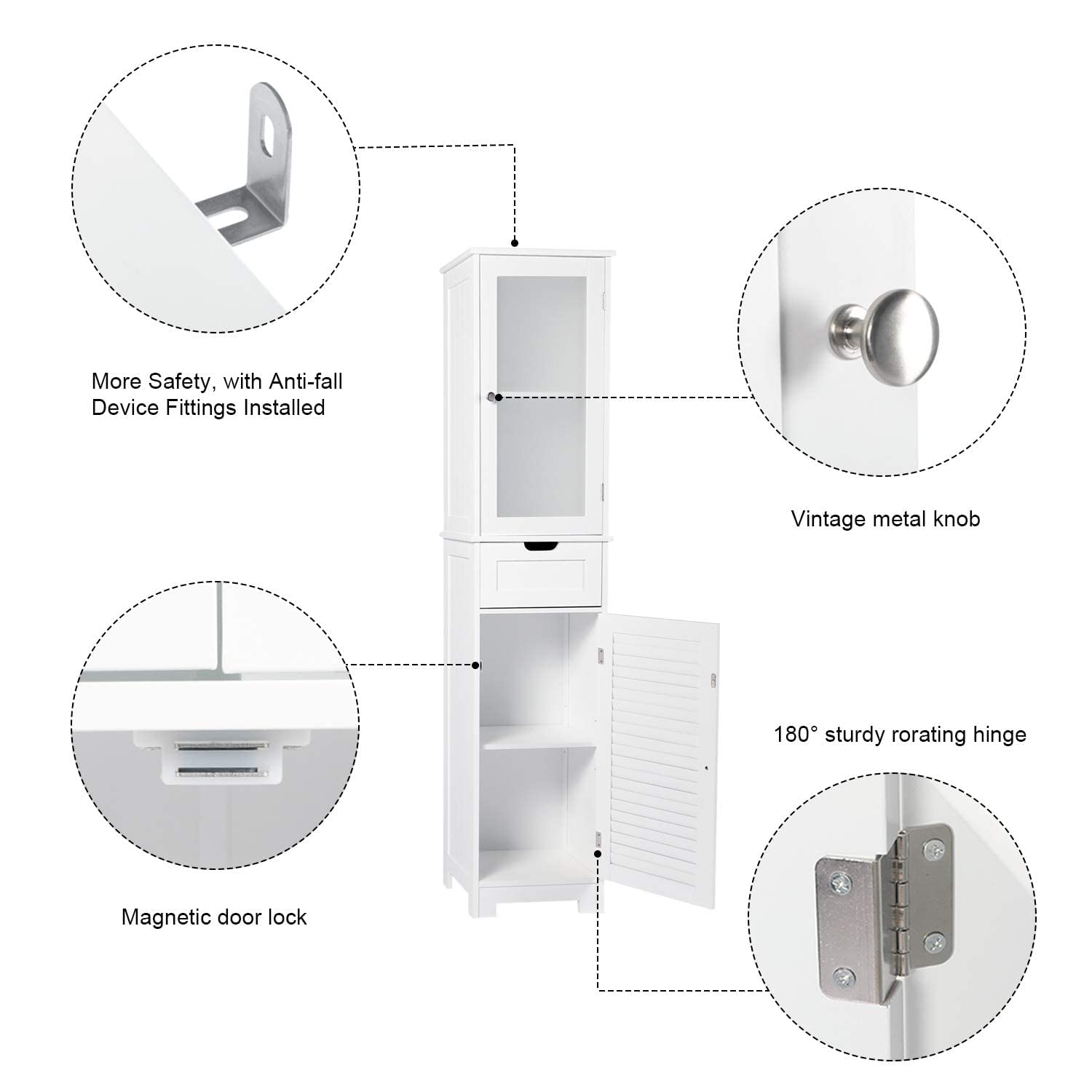 Kazila Bathroom Storage Floor Cabinet, Freestanding Wooden Storage Organizer with Glass Shutter Doors, 16 inchl x 12 inchw x 67 inchh, Ivory White