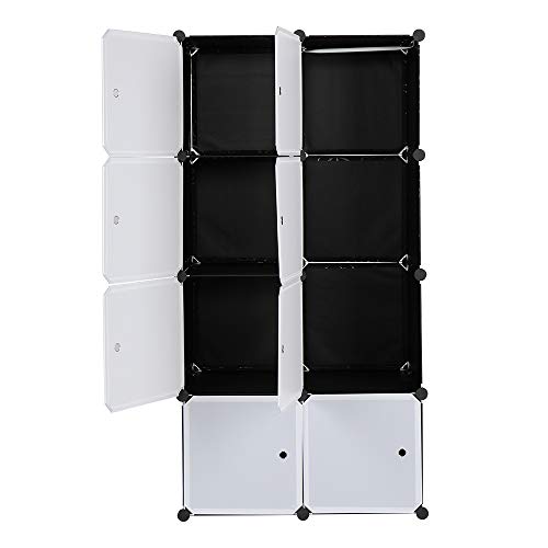 Trlec 8 Cube Organizer Stackable Plastic Cube Storage Shelves Design Multifunctional Modular Closet Cabinet with Hanging Rod White Doors and Black Panels