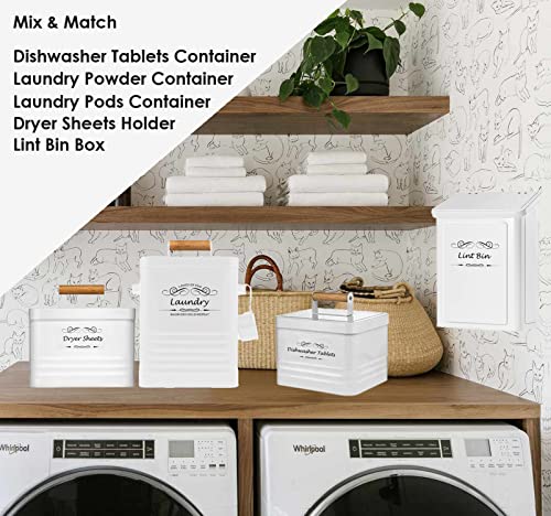 ELITAPRO Dryer Sheets Holder Modern Farmhouse Dryer Sheet Dispenser Container, Metal Dryer Sheet Box, Farmhouse Decor with Lid, Lint Bin for Laundry room, Storage Box, laundry room decoration, White