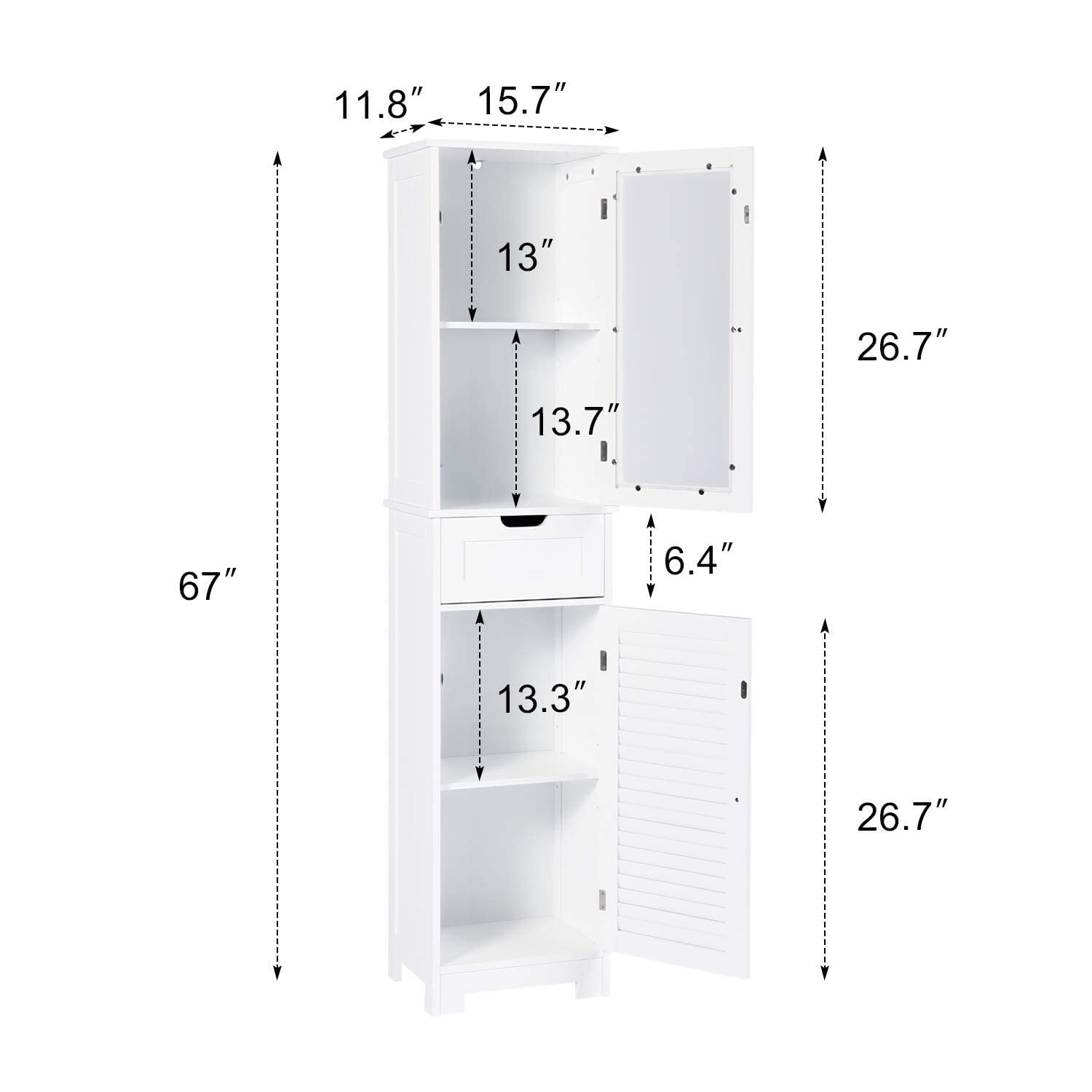 Kazila Bathroom Storage Floor Cabinet, Freestanding Wooden Storage Organizer with Glass Shutter Doors, 16 inchl x 12 inchw x 67 inchh, Ivory White