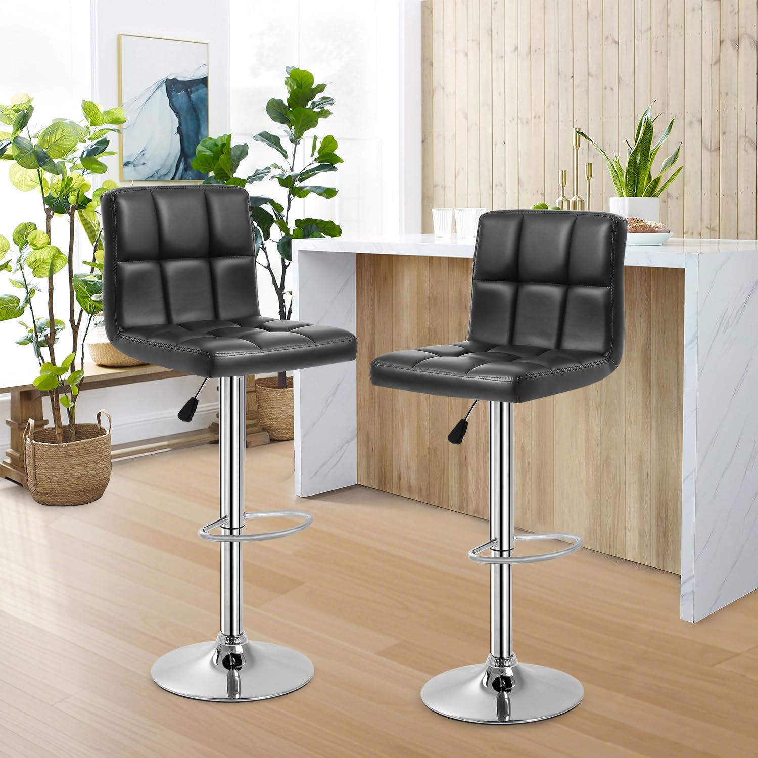 FDW Counter Height Swivel Bar Stools PU Leather Padded with Back,Set of 2 Height Adjustable Counter Stool Barstools Dining Chair,Black