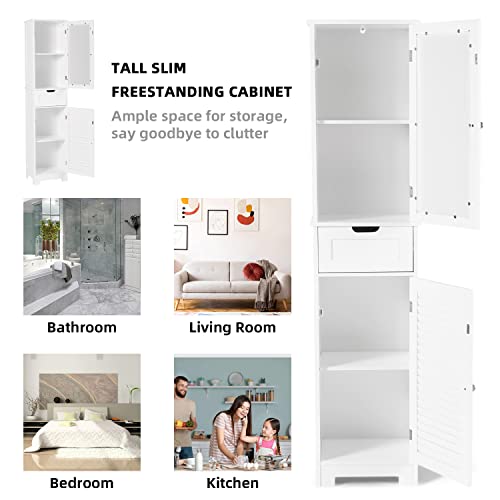 Kazila Bathroom Storage Floor Cabinet, Freestanding Wooden Storage Organizer with Glass Shutter Doors, 16 inchl x 12 inchw x 67 inchh, Ivory White