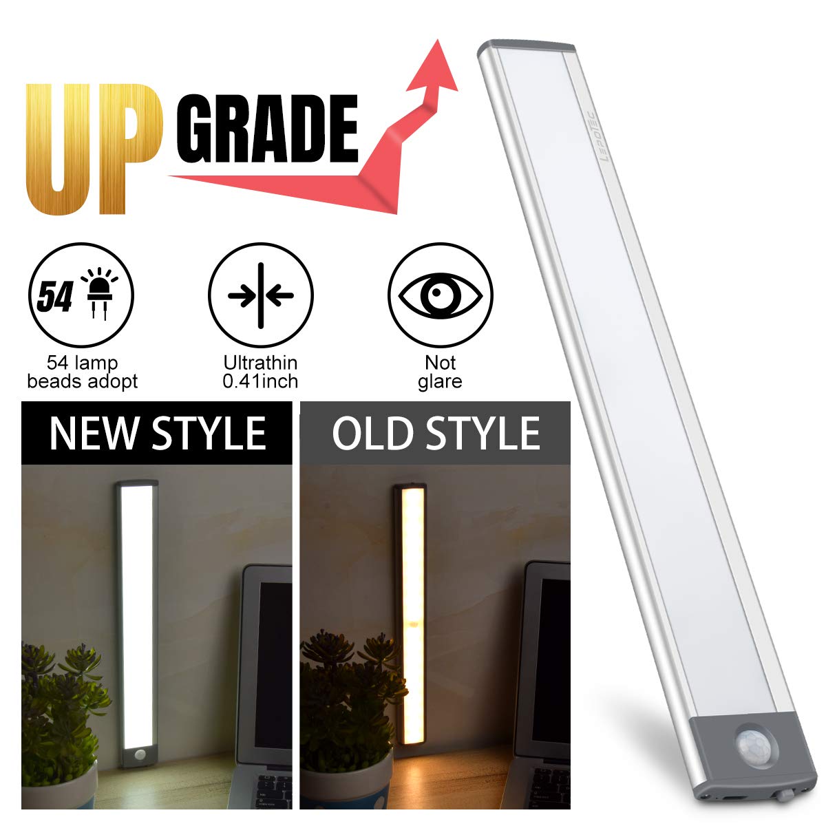 54-LED Motion Sensor Cabinet Light,Under Counter Closet Wireless USB Rechargeable Kitchen Night Lights,Battery Powered for Wardrobe,Cabinet,Cupboard(Warm Light)-2Pack