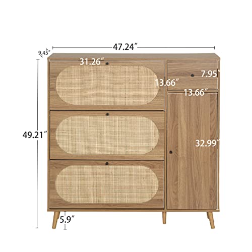Henf Rattan Shoe Cabinet, Modern Shoe Cabinet Rack with 3 Flip Drawers and Storage Cabinet, Freestanding Shoe Rack Storage Organizer Narrow Shoe Cabinet for Entrance Hallway(Walnut)