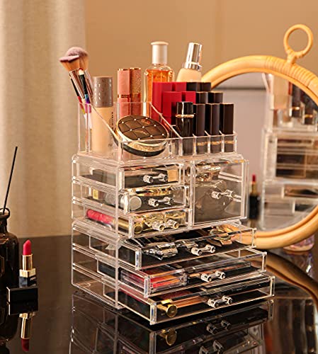 Cq acrylic Clear Makeup Storage Organizer Drawers Skin Care Large Cosmetic Display Cases Stackable Storage Box With 7 Drawers For Dresser,Set of 3
