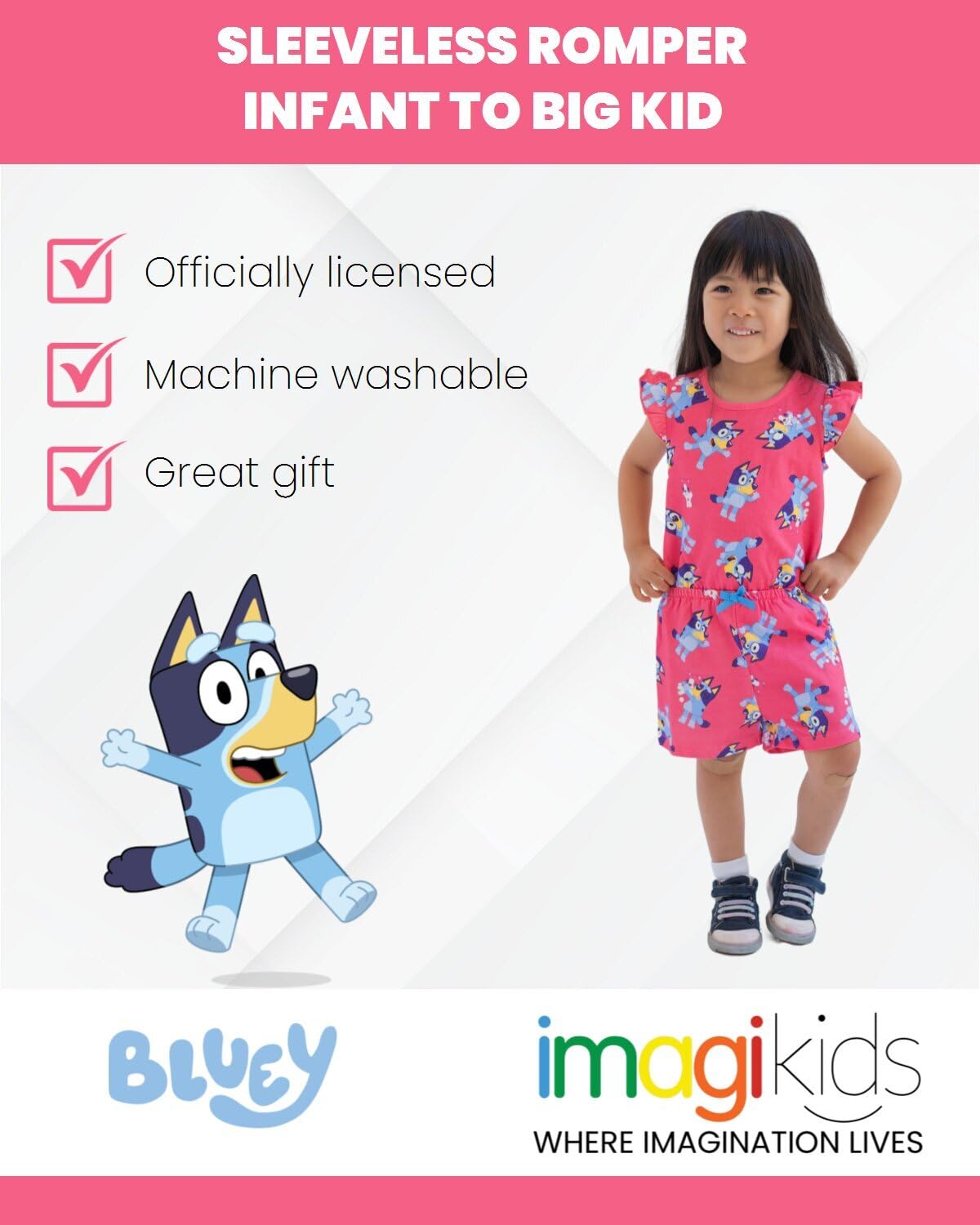 Bluey Polly Puppy Toddler Girls French Terry Sleeveless Romper Pink 2T
