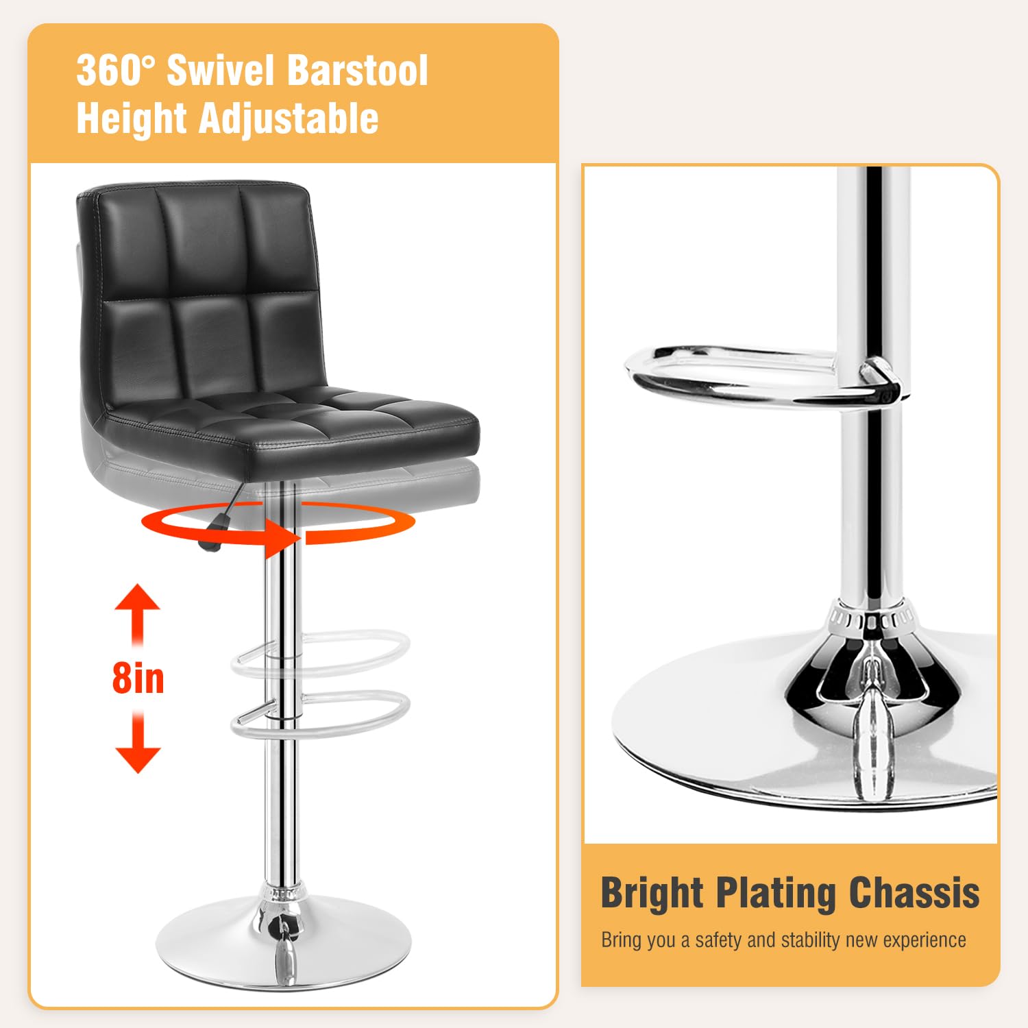 FDW Counter Height Swivel Bar Stools PU Leather Padded with Back,Set of 2 Height Adjustable Counter Stool Barstools Dining Chair,Black