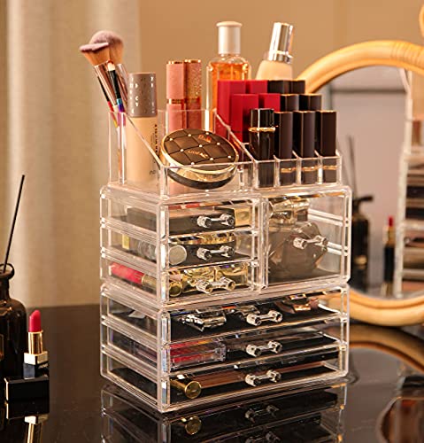 Cq acrylic Clear Makeup Storage Organizer Drawers Skin Care Large Cosmetic Display Cases Stackable Storage Box With 7 Drawers For Dresser,Set of 3