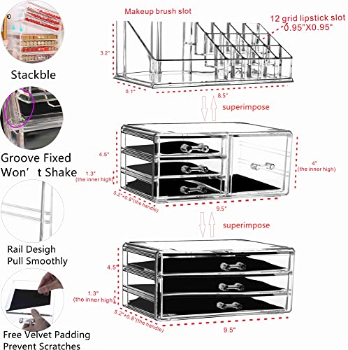 Cq acrylic Clear Makeup Storage Organizer Drawers Skin Care Large Cosmetic Display Cases Stackable Storage Box With 7 Drawers For Dresser,Set of 3