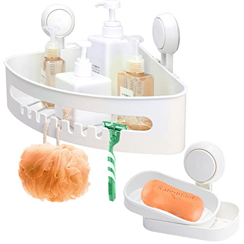 SWAMTIK Corner Shower Caddy with Soap Dish Suction Cup Shower Shelf for Shower Wall Corner Caddy No Drilling Shower Soap Holder for Bathroom Bathtub - White