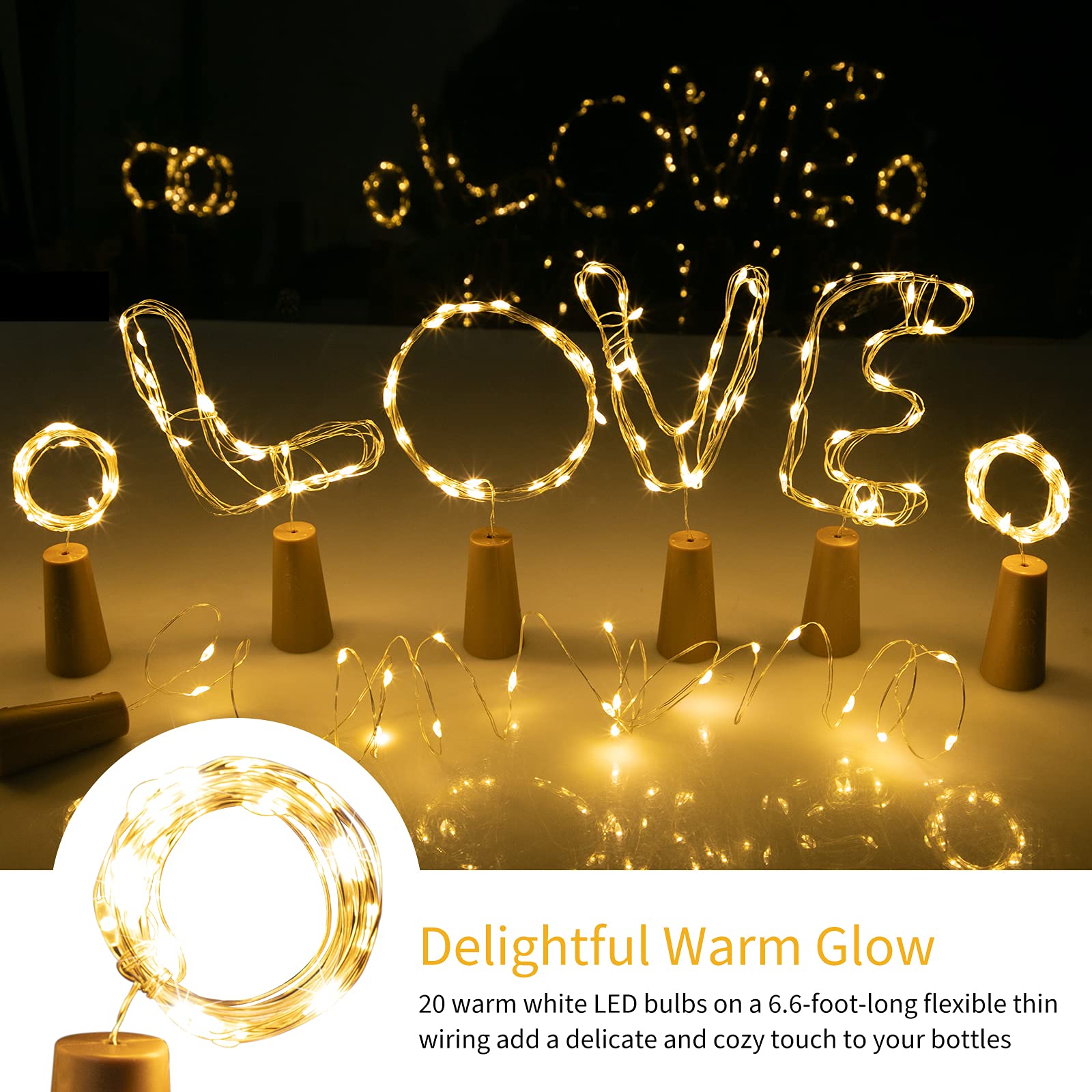 Brightown Wine Bottle Lights with Cork, 10 Pack 20 LED Waterproof Battery Operated Cork Lights, Silver Wire Mini Fairy Lights for Liquor Bottles DIY Party Bar Christmas Wedding Décor