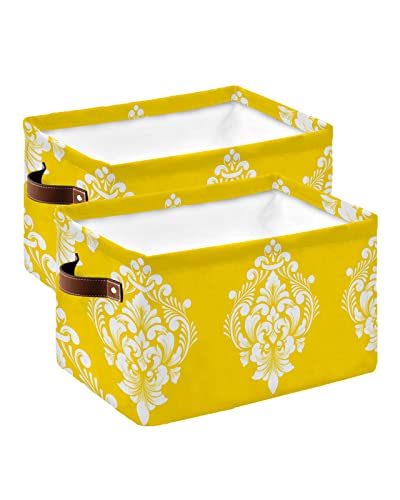 Yellow Storage Bins for Organizing, Decorative Large Closet Organizers with Handles Cubes - 2 Pack Fabric Baskets for Shelves, Closets, Laundry, Nursery, Classical Luxury Damask Texture