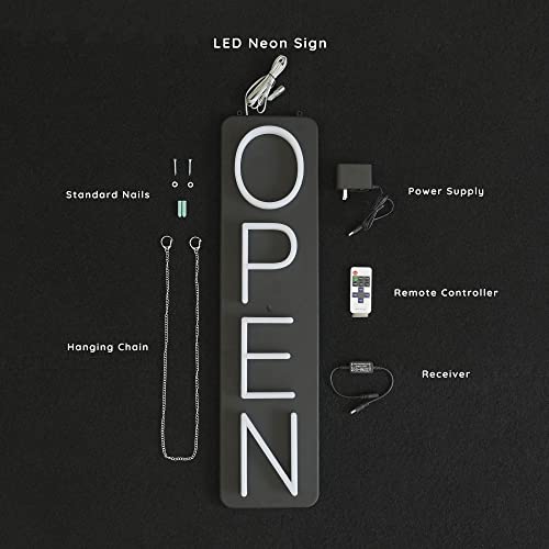 HiNeon Vertical Neon Open Sign, 26inx5in Vertical LED Open Sign for Business, Bar, Shop Windows, Restaurant Storefront, Direct Plugin w/ 12V Adapter & Remote Control w/ 6 Modes (White)