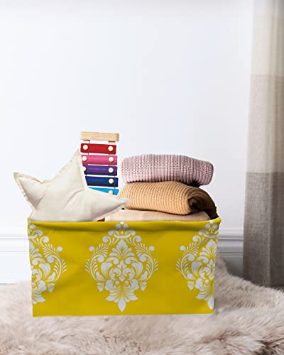 Yellow Storage Bins for Organizing, Decorative Large Closet Organizers with Handles Cubes - 2 Pack Fabric Baskets for Shelves, Closets, Laundry, Nursery, Classical Luxury Damask Texture