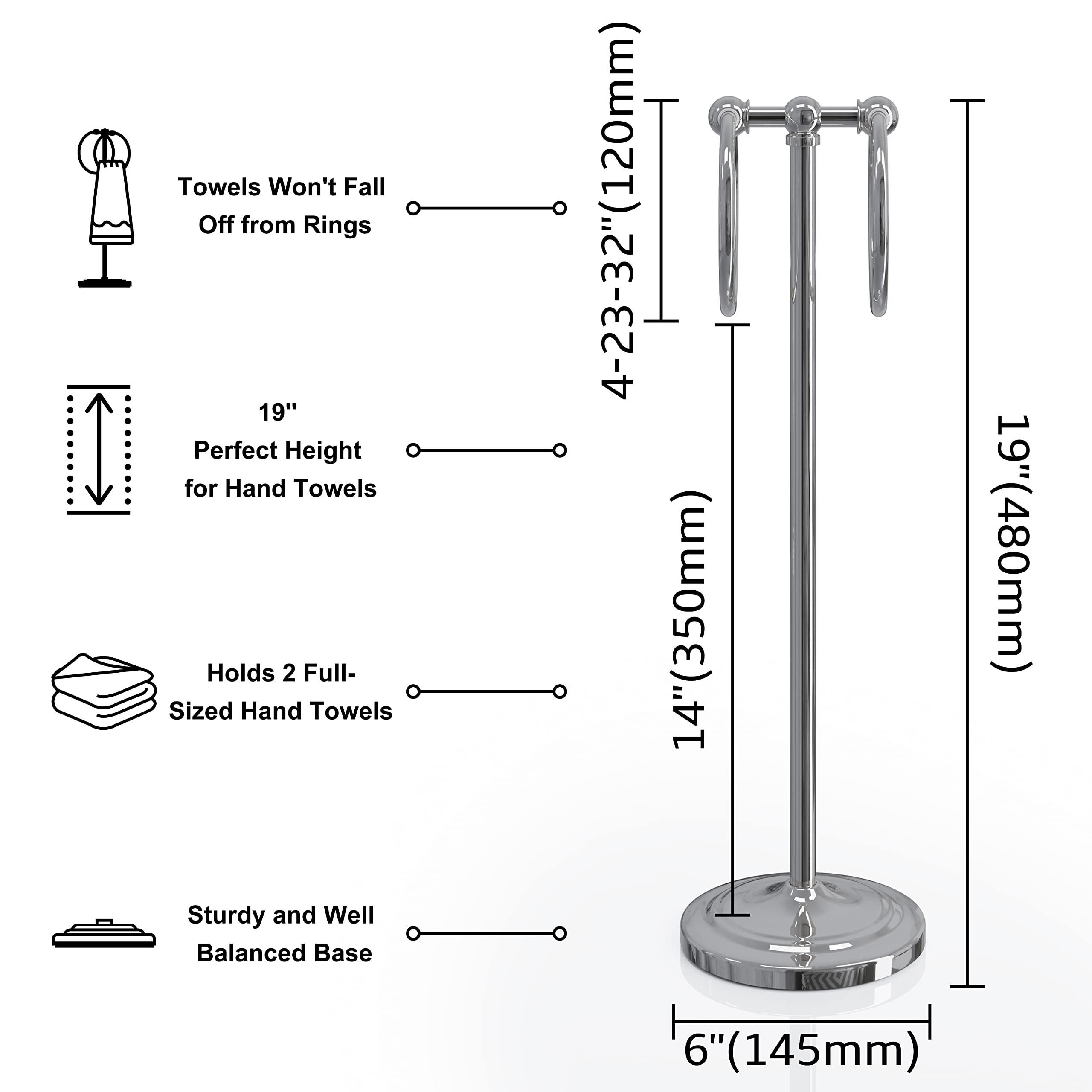 BGL Fingertip Towel Holder Stand Hand Towel Ring for Bathroom or Kitchen Vanity Countertops to Store Hand Towels Washcloths or dishcloths - 2 Hanging Rings,17" High-Chrome