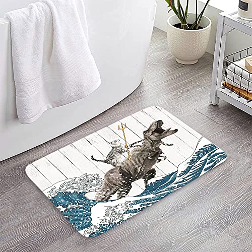Boziqr Funny Cat Shower Curtain Set - Cute Cat Riding Dinosaur, Ocean Wave Bath Mat, Contour Mat, Toilet Lid Cover