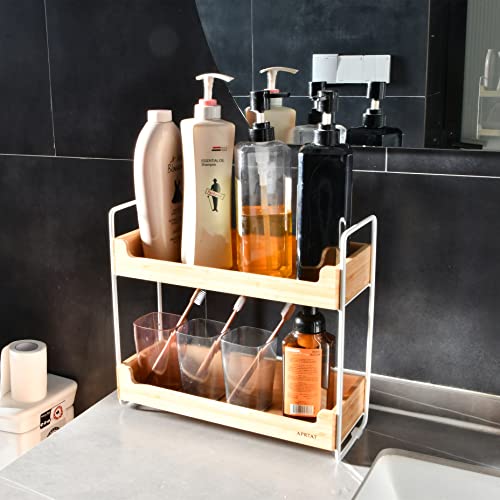 APRTAT Bamboo Bathroom Countertop Organizer, 2 Tier Bathroom Tray, Countertop Storage Shelf, Standing Rack Cosmetic Holder, Spice Rack for Makeup Cosmetic Perfume Skincare Bathroom Supplies and More