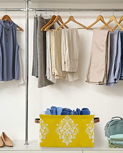 Yellow Storage Bins for Organizing, Decorative Large Closet Organizers with Handles Cubes - 2 Pack Fabric Baskets for Shelves, Closets, Laundry, Nursery, Classical Luxury Damask Texture