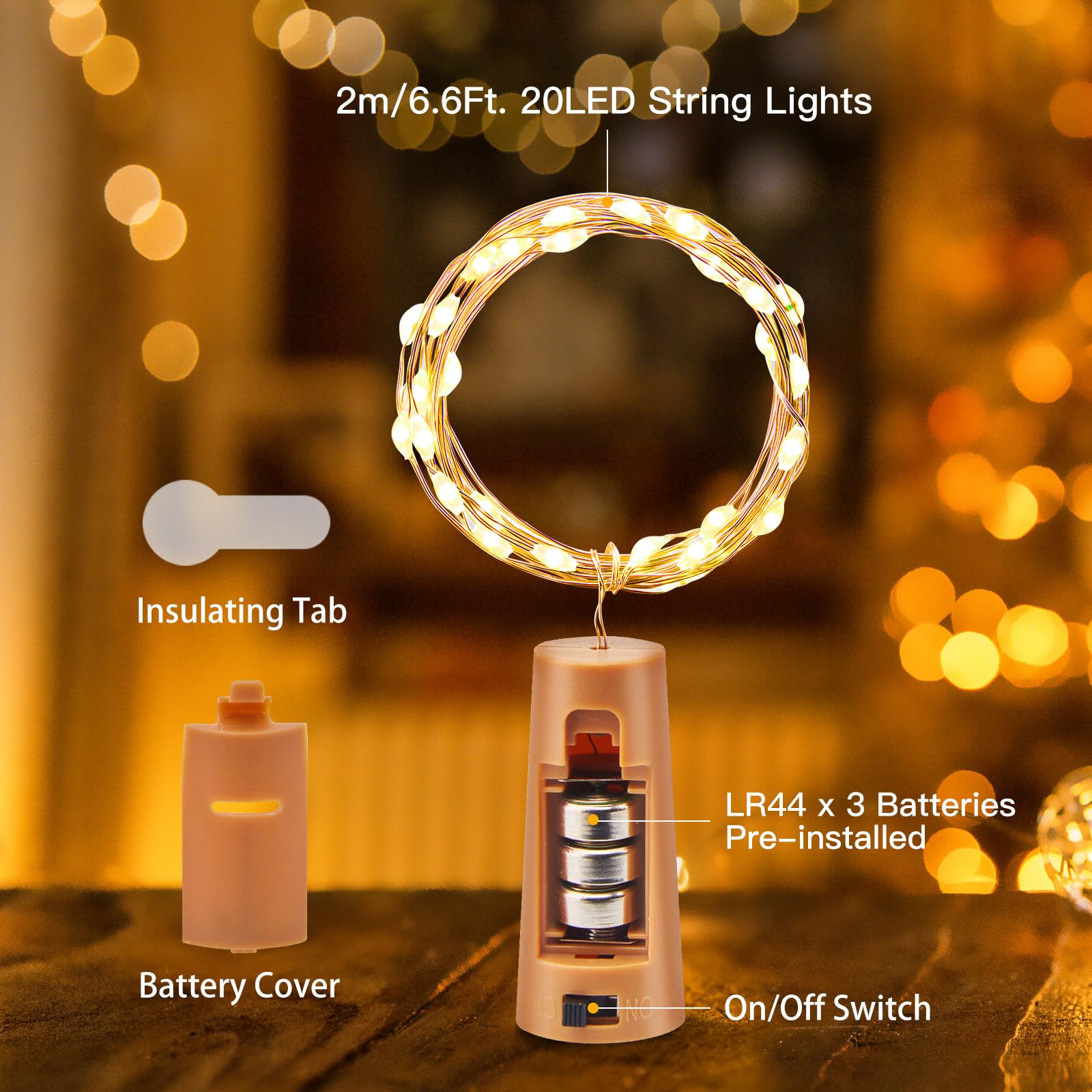 Brightown Wine Bottle Lights with Cork, 10 Pack 20 LED Waterproof Battery Operated Cork Lights, Silver Wire Mini Fairy Lights for Liquor Bottles DIY Party Bar Christmas Wedding Décor