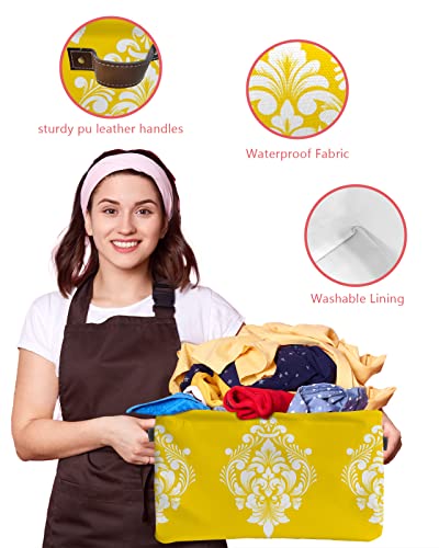 Yellow Storage Bins for Organizing, Decorative Large Closet Organizers with Handles Cubes - 2 Pack Fabric Baskets for Shelves, Closets, Laundry, Nursery, Classical Luxury Damask Texture
